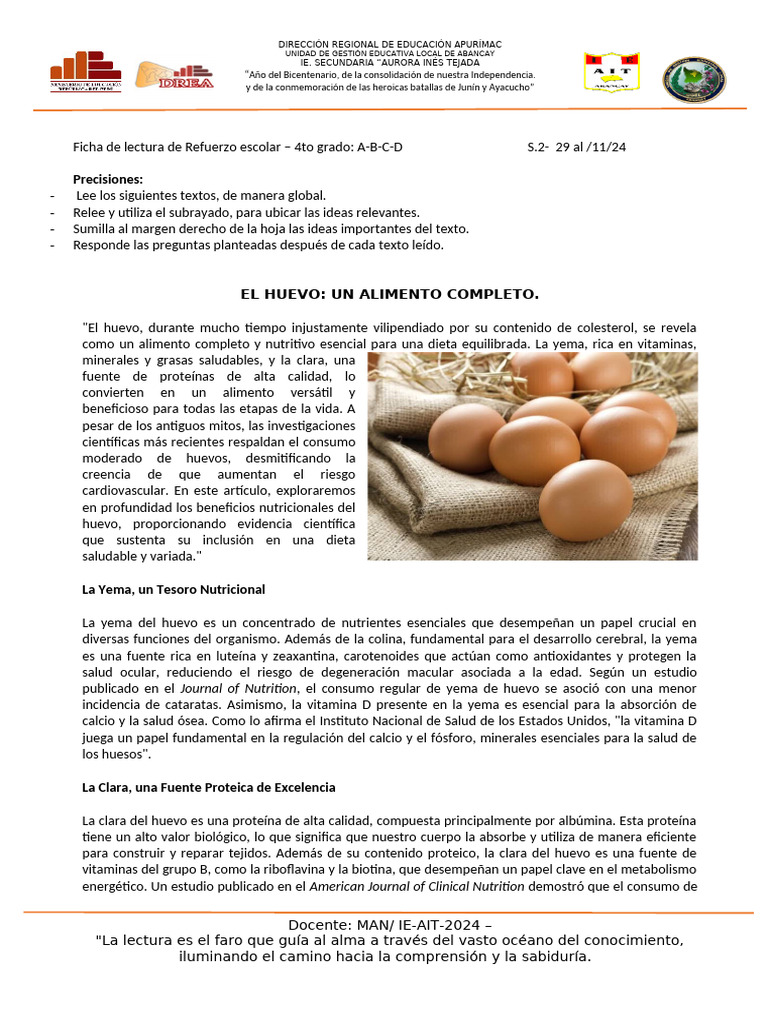 Ficha de Lectura, Huevo. | PDF | Dieta | Alimentos