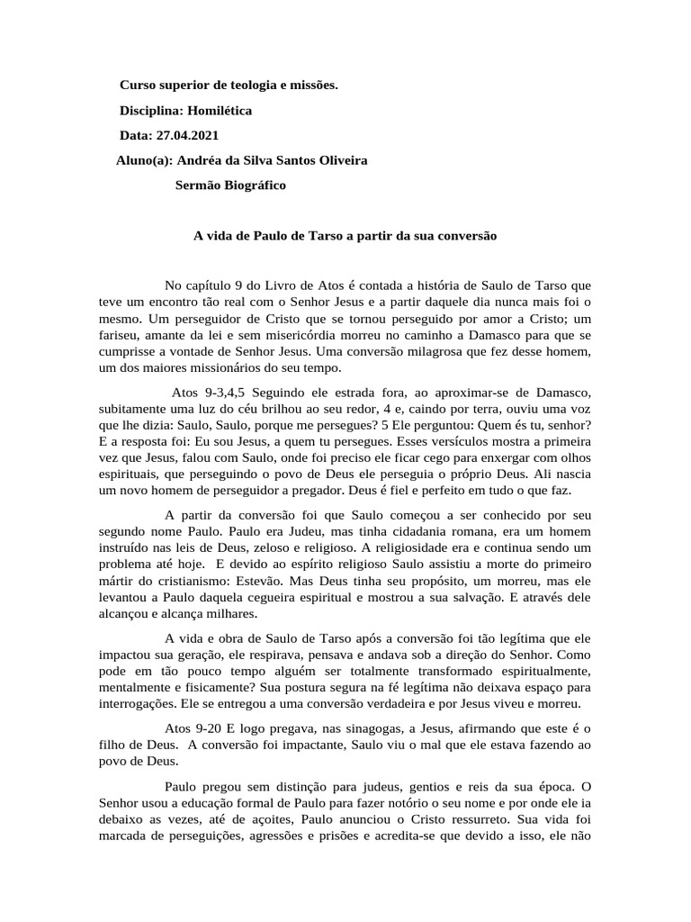 A Vida de Paulo de Tarso A Partir Da Sua Conversão - Andréa | PDF ...