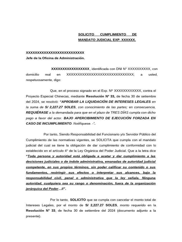 Solicito Pago Por Mandato Judicial Modelo | PDF | Finanzas y dinero | Derecho