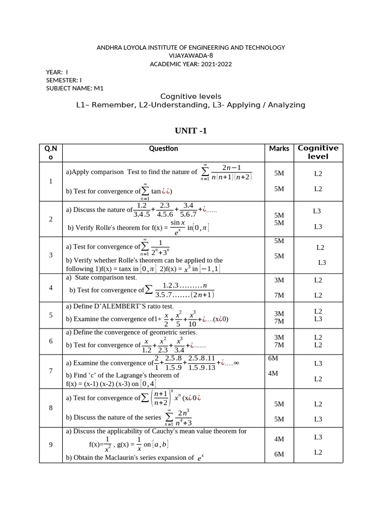 r20(Ay 2021-2022) m1 Question Bank With Levels | PDF | Mathematical Analysis | Calculus
