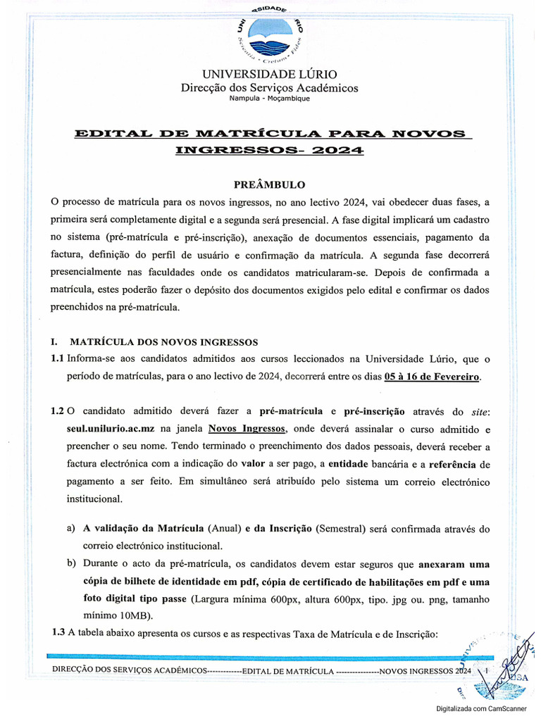 Edital Matriculas UL 2024 | PDF