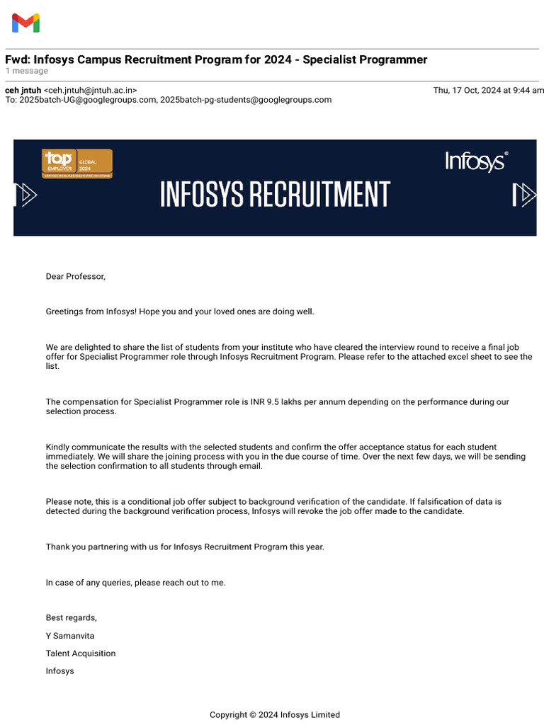 Infosys Campus Recruitment Program For 2024 - Specialist Programmer | PDF