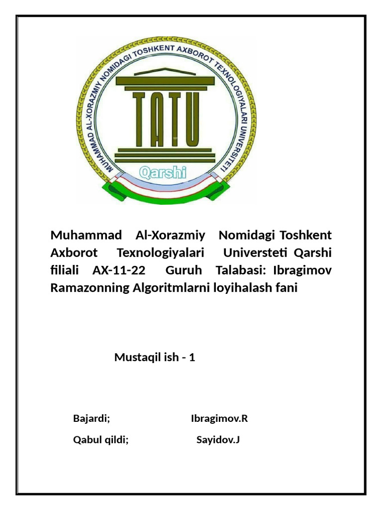 Algoritm Loyhalash Mustaqil Ish - 1 | PDF