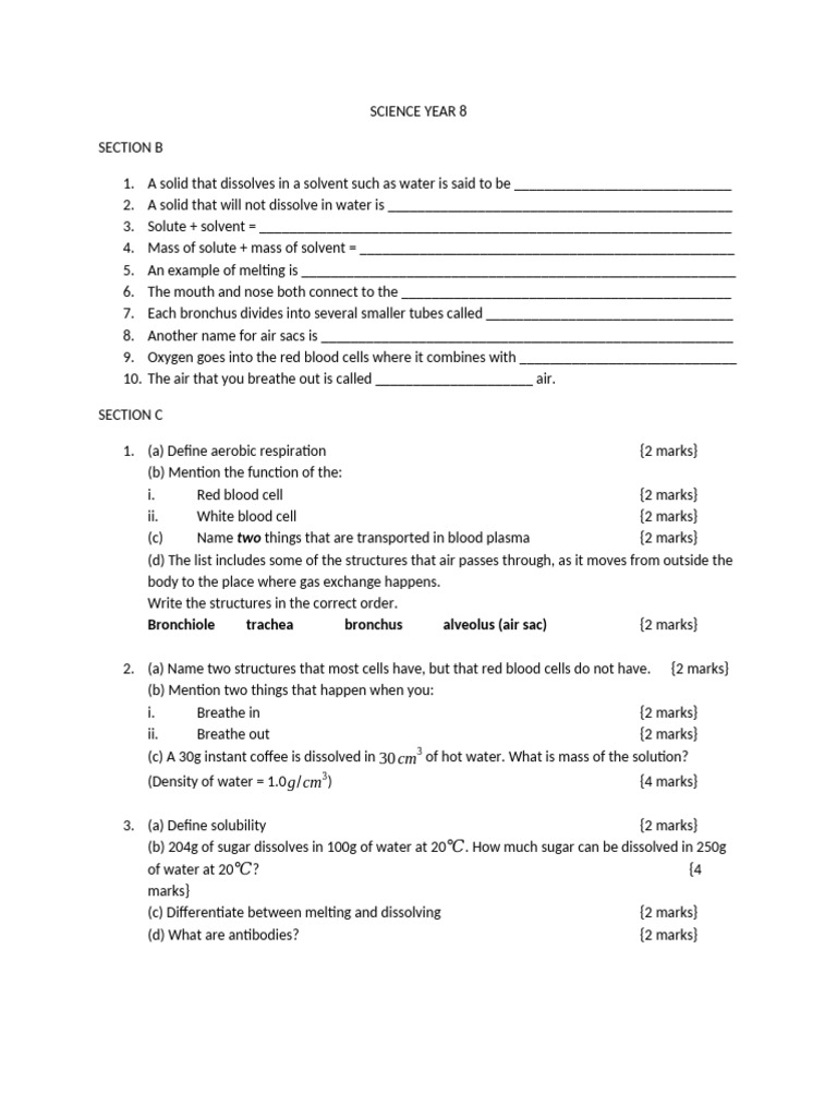 Science Year 8 Blue Assessment | PDF | Blood | Water