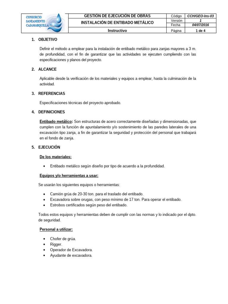 CCH-GEO-Ins-03 INSTALACION DE ENTIBADO METALICO | PDF