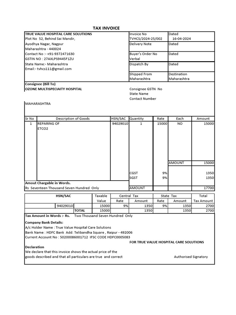INVOICE NO 2 OZONE HOSPITAL | PDF | Invoice | Trade