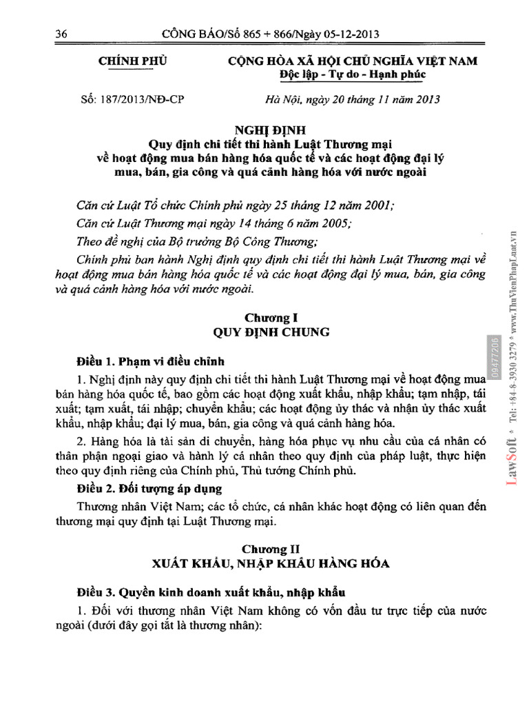 187 - 2013 - ND-CP - Nghi Dinh Quy Dinh Chi Tiet LTM Ve Hoat Dong Mua Ban Hang Hoa Quoc Te | PDF