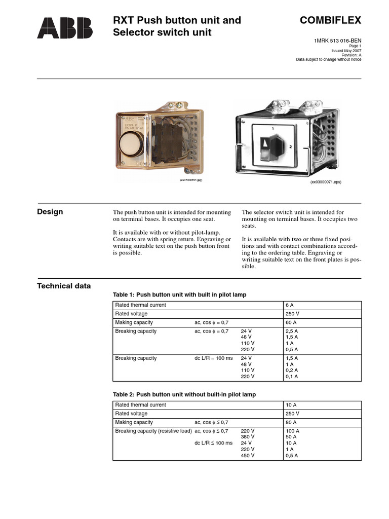 RXT Push Button & Selector Switch Units | PDF | Switch | Equipment