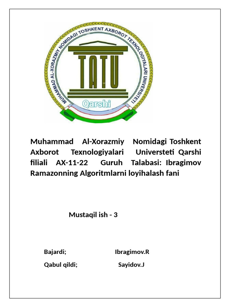 Algoritlarni Loyhalash Mustaqil Ish - 3 | PDF