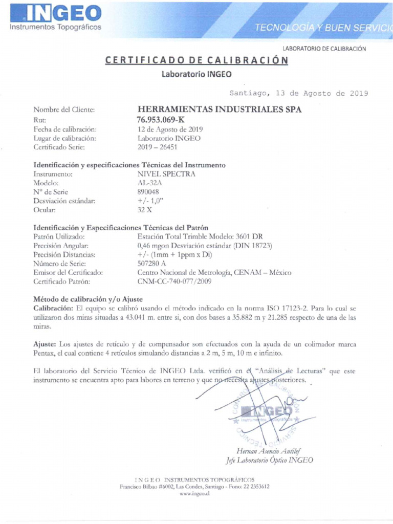 Certificado Nivel Spectra - Calibracion - 2019 | PDF