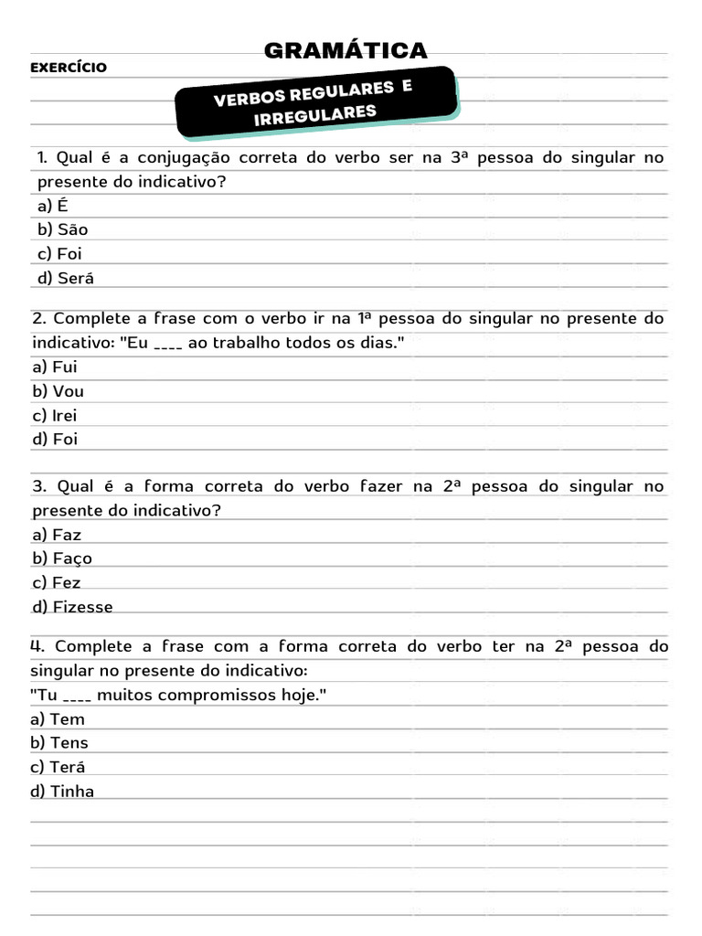 VERBOS - regulares e irregulares - exercício | PDF