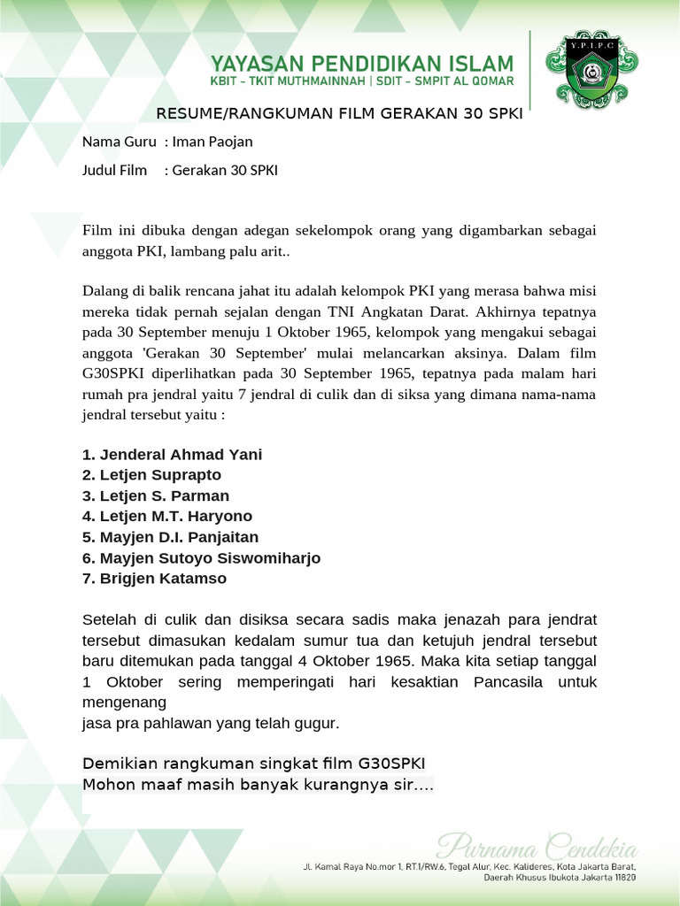 Rangkuman Film G30 Spki Imam | PDF