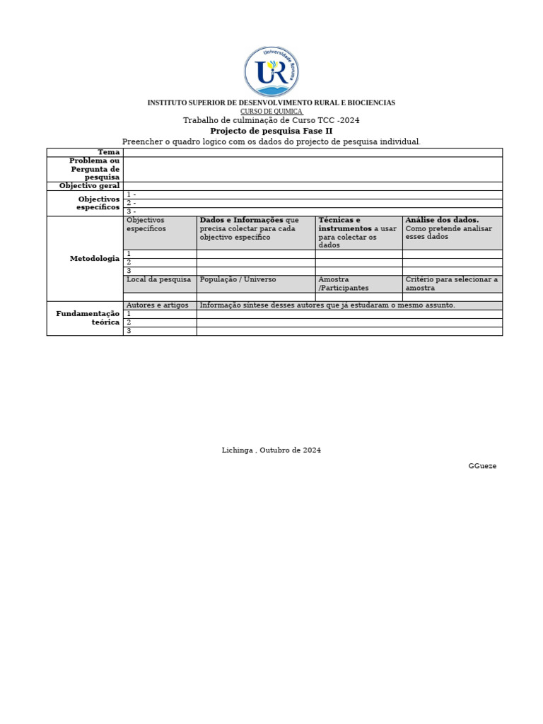 Quadro Logico TCC 2024 | PDF | Ciências e Matemática