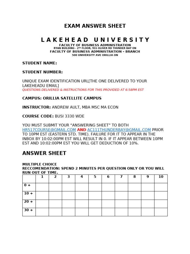 Lakehead University Exam Answer Sheet | PDF | Career & Growth