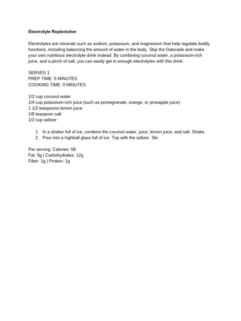 Electrolyte Replenisher | PDF | Cooking, Food & Wine | Wellness