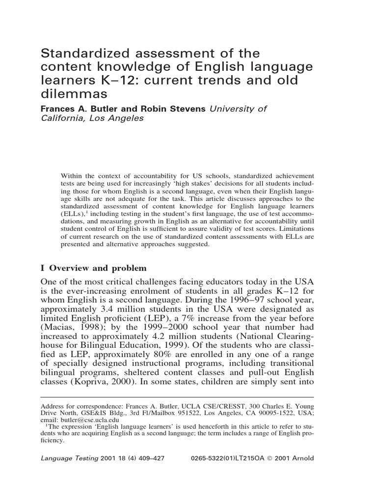 Butler Stevens 2001 Standardized Assessment of The Content Knowledge of English Language ...