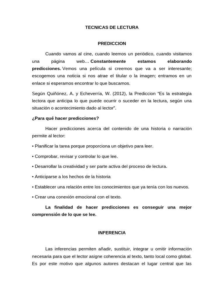 Técnicas de Lectura: Predicción e Inferencia | PDF | Comprensión ...