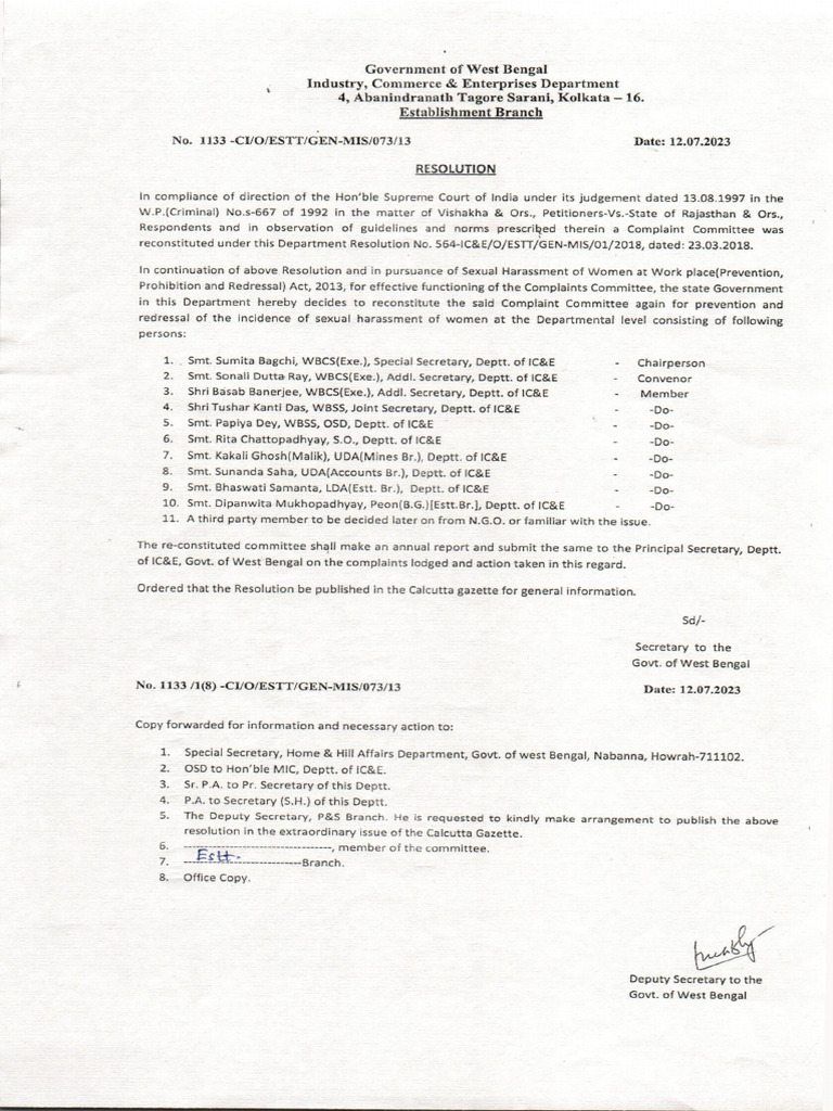Vishakha Committee Order | PDF
