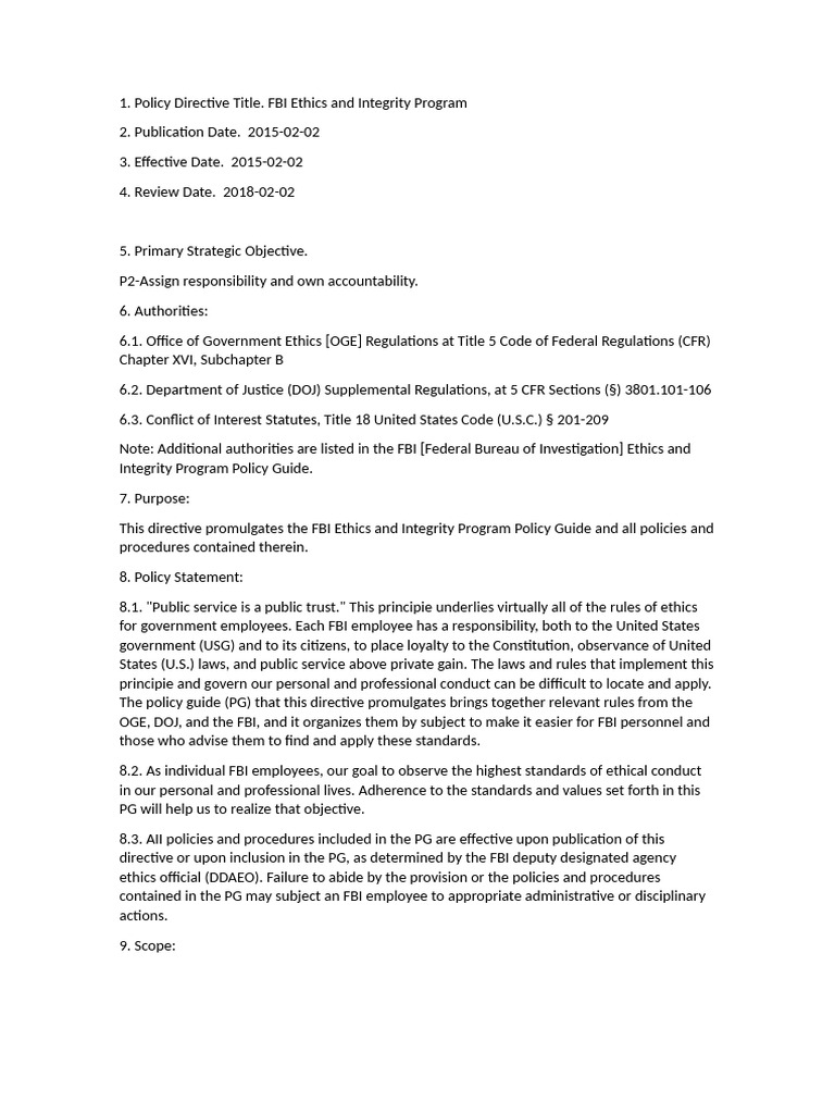 Policy Directive Title. FBI Ethics and Integrity Program | PDF ...