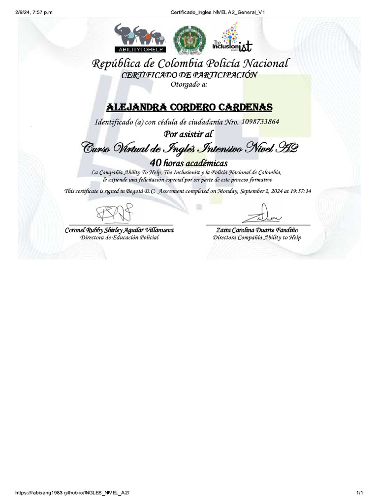 CERTIFICADO NIVEL A2 | PDF