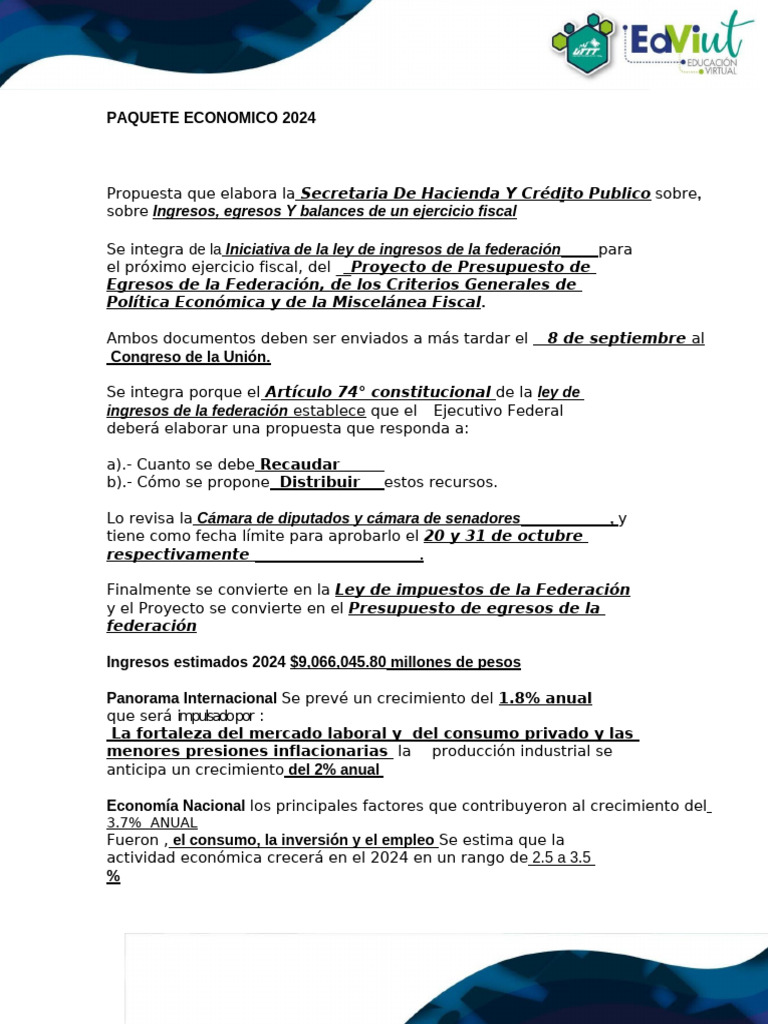 ACT - EVA.02.01.01. Ley de Ingresos y PPEF 2024 | PDF | Presupuesto | Inflación