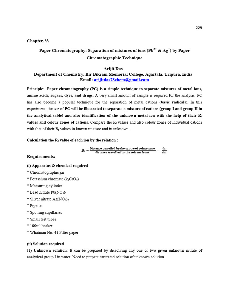 Paper Chromatography-Separation of Mixtures of Ions (Pb2+ & Ag+) by ...