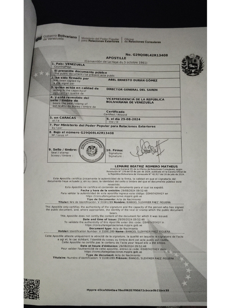 Acta de Nacimiento Apostillada | PDF