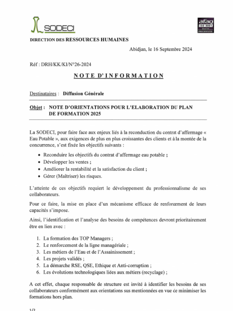 Note de Cadrage Pour L'elaboration Du Plan de Formation 2025 | PDF