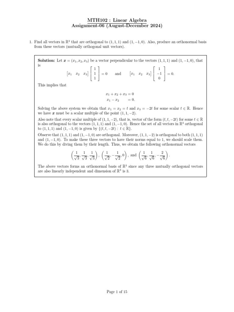 MTH102: Linear Algebra Assignment-06 (August-December 2024) | PDF | Matrix (Mathematics ...