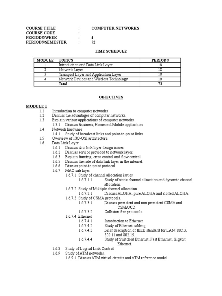 Course Title: Computer Networks Course Code: Periods/Week: 4 Periods ...