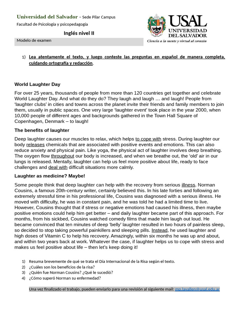 Modelo de examen ingles - Nivel 2 | PDF | Laughter | Emotions