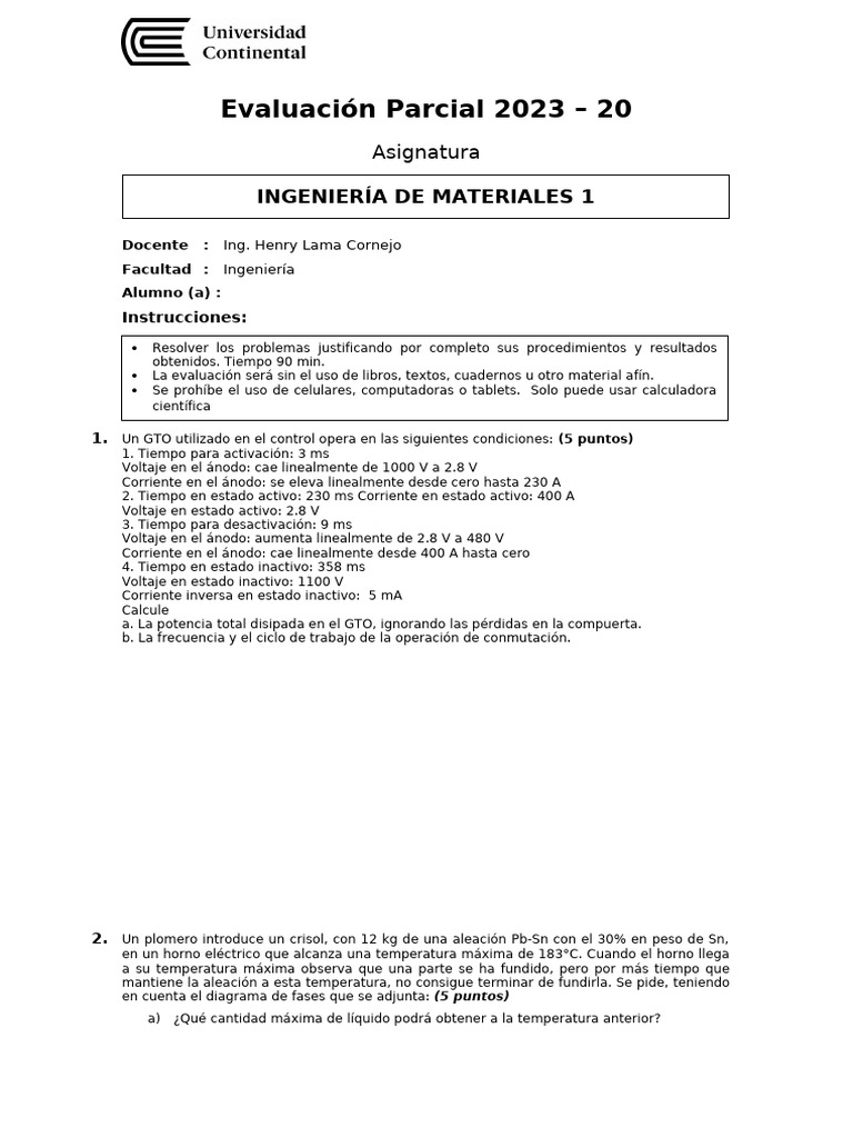 EVALUACION PARCIAL_INGENIERIA DE MATERIALES 1_2023_20 | PDF | Física Aplicada e ...
