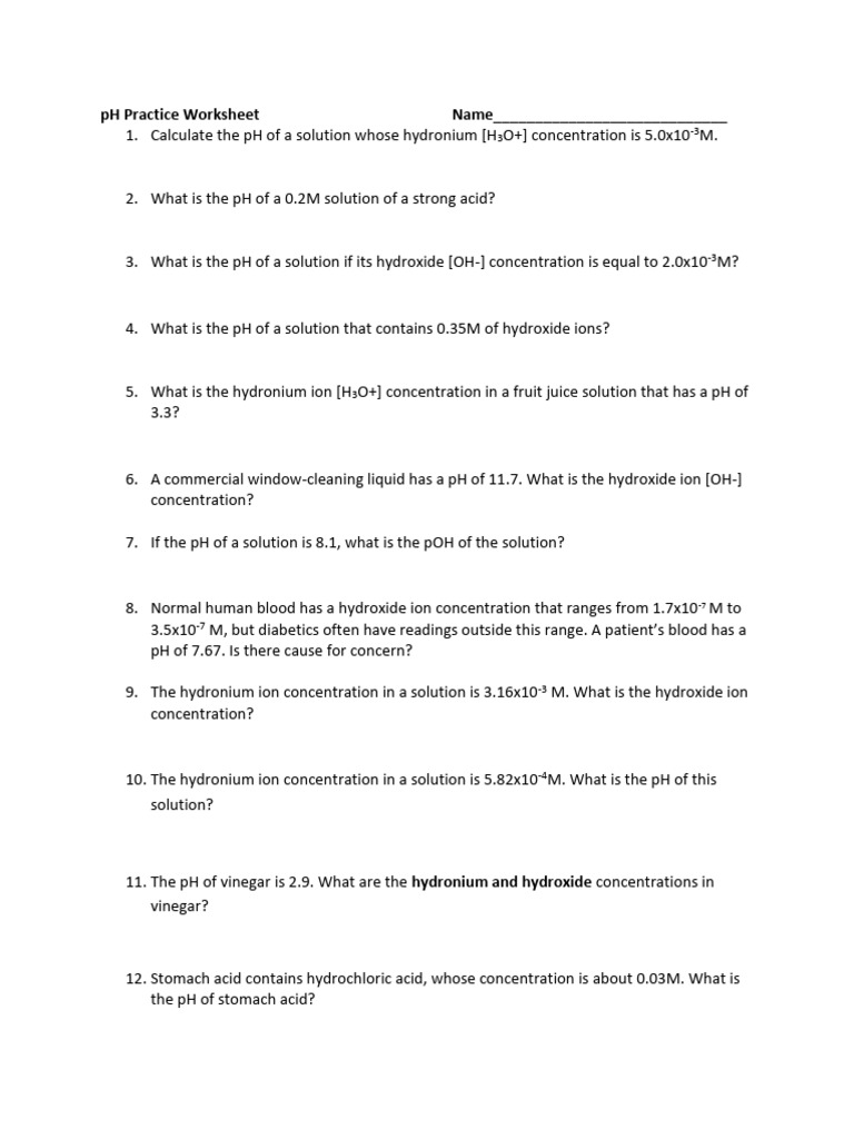 PH and POH Practice Worksheet | PDF | Wellness