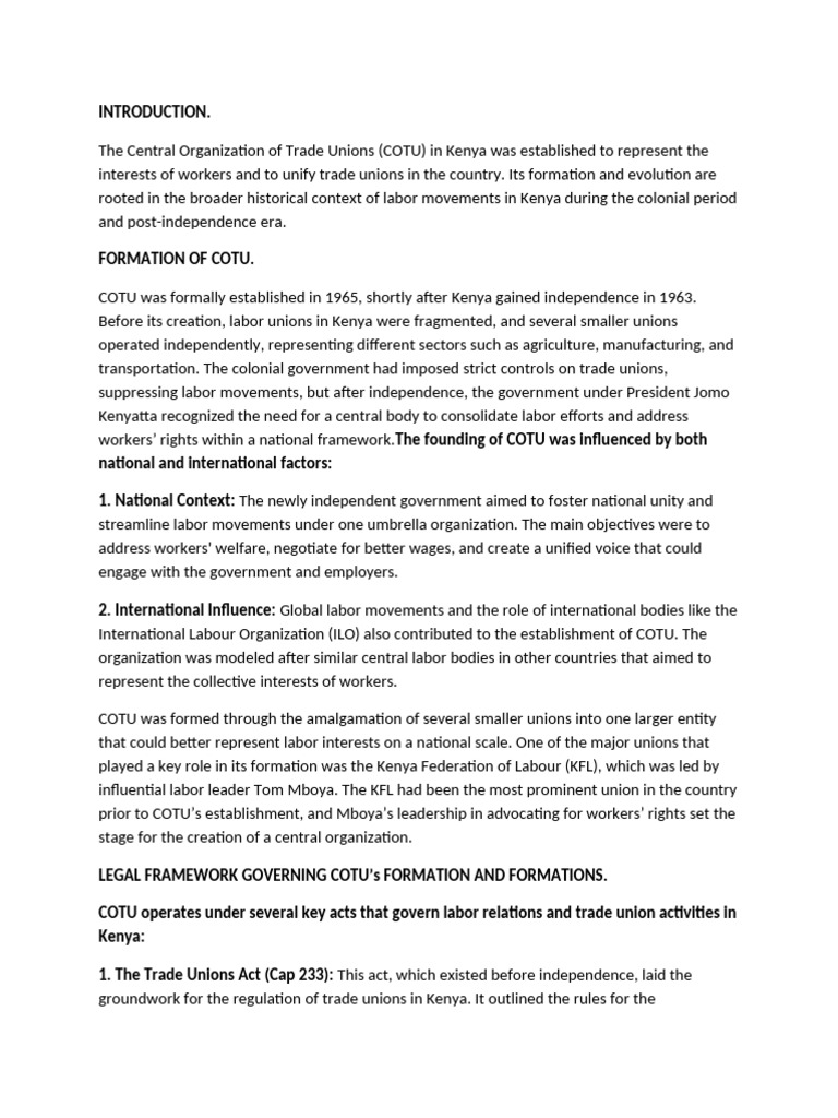 COTU: Kenya's Labor Union History and Role | PDF | Trade Union | Employment