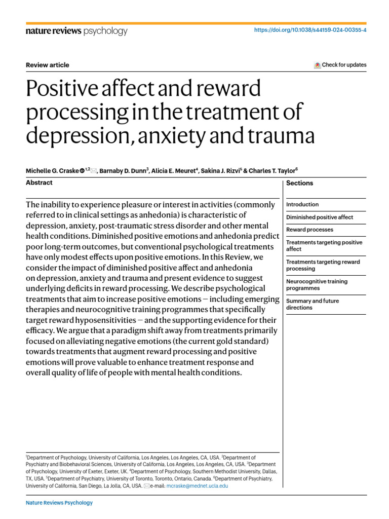 Positive Affect and Reward Processing in The Treatment of Depression ...