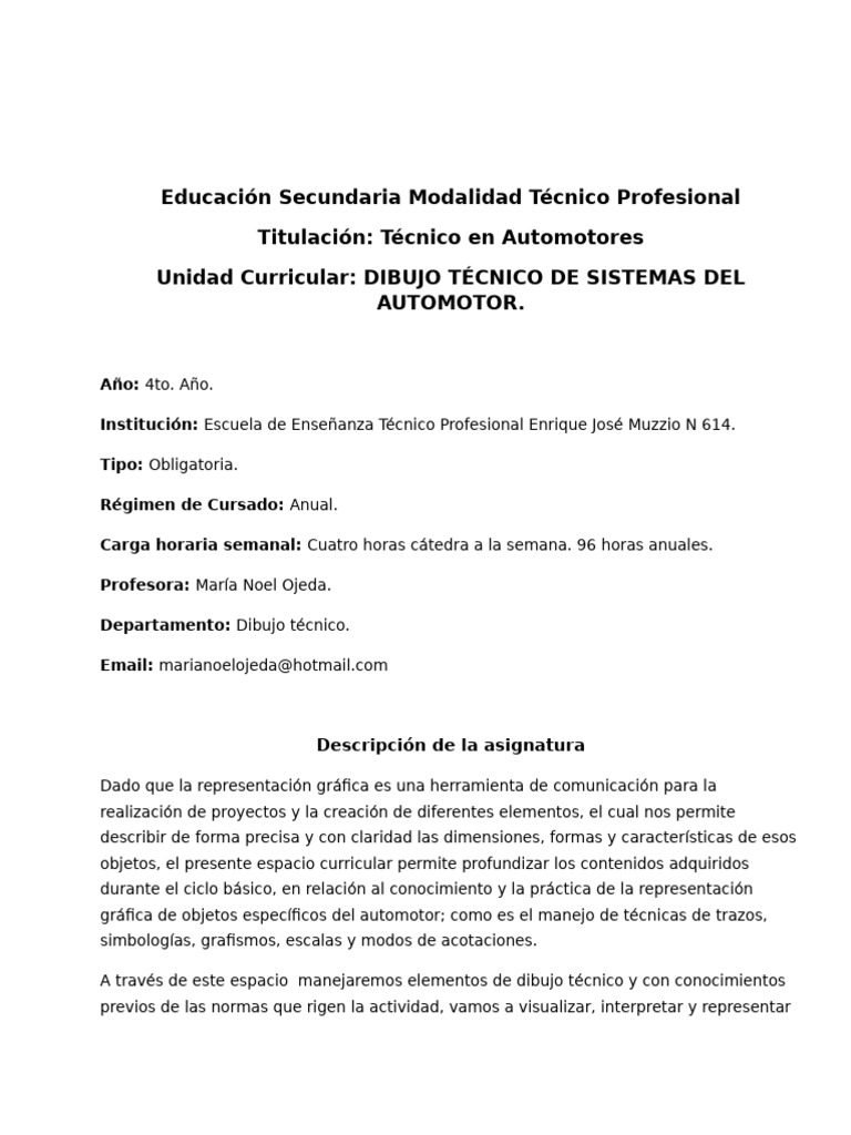 PLANIFICACIÓN 4TO AÑO 2024 Tecnica Electromecanica | PDF | Dibujo ...