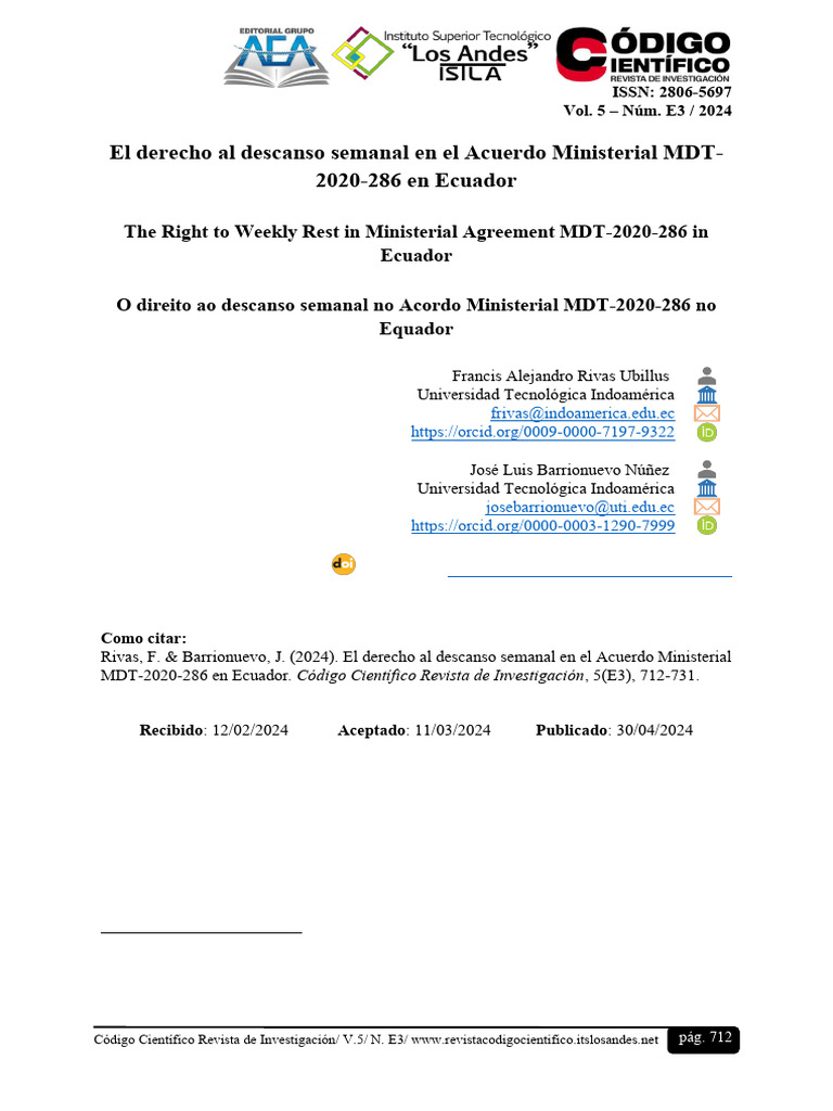 El Derecho Al Descanso Semanal en El Acuerdo Ministerial MDT-2020-286 ...