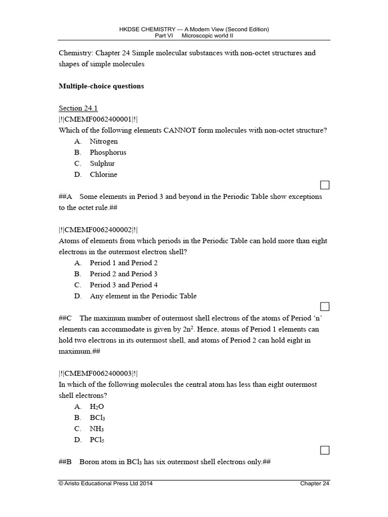 Chapter 24 Multiple-Choice Questions | PDF | Chemical Bond | Molecules