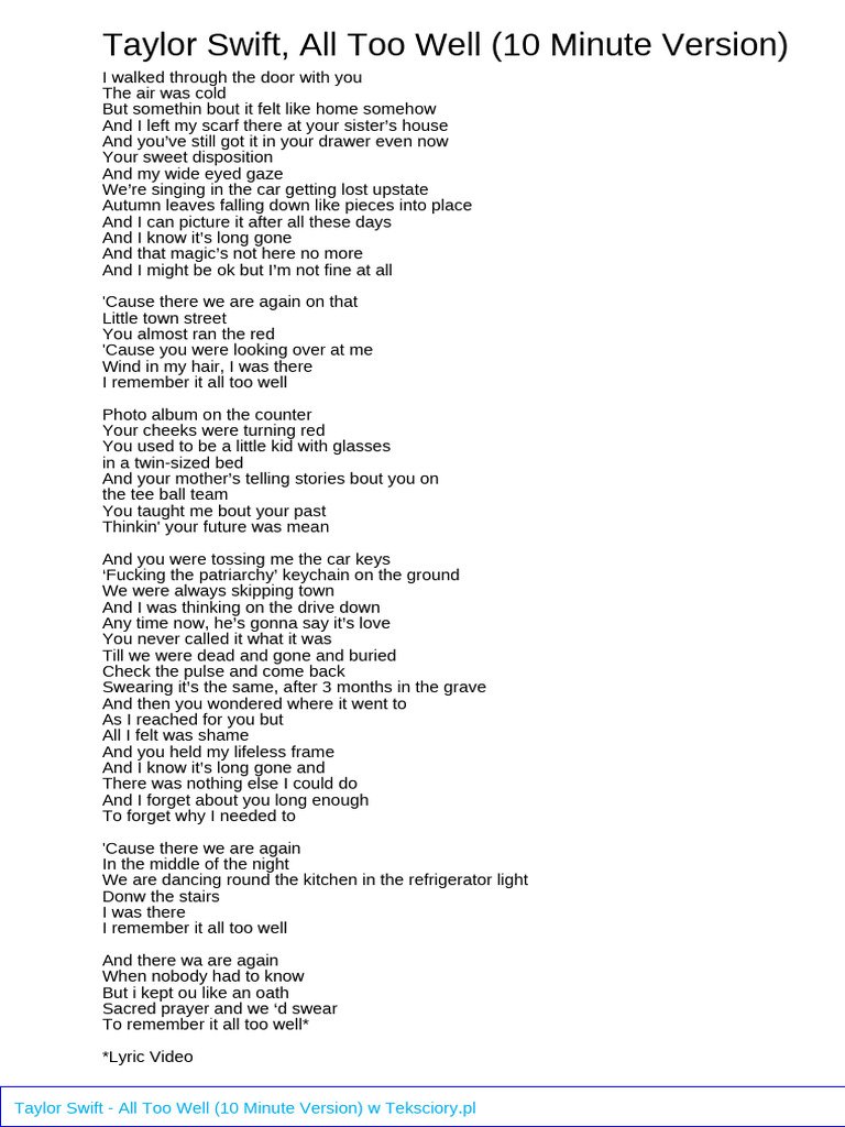 All Too Well (10 Min Version) Lyrics | PDF | Recorded Music
