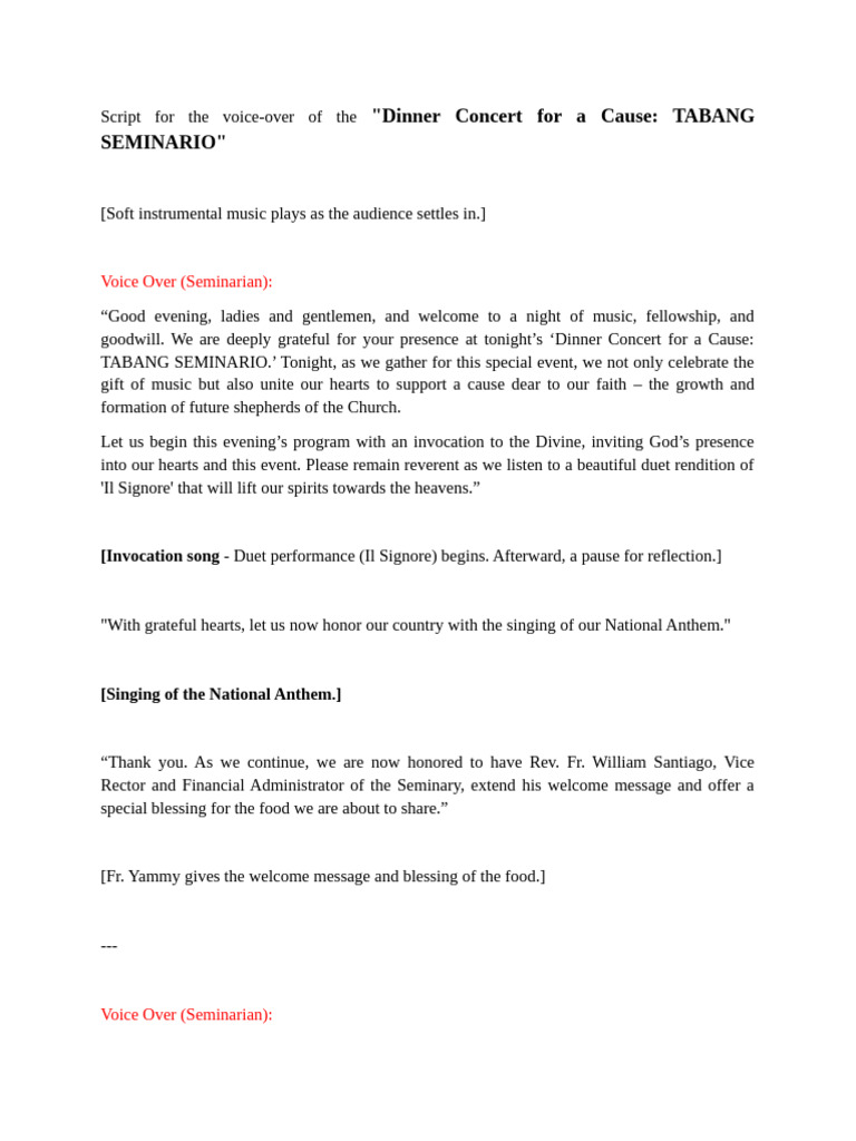 Script for the voice-over DINNER CONCERT | PDF