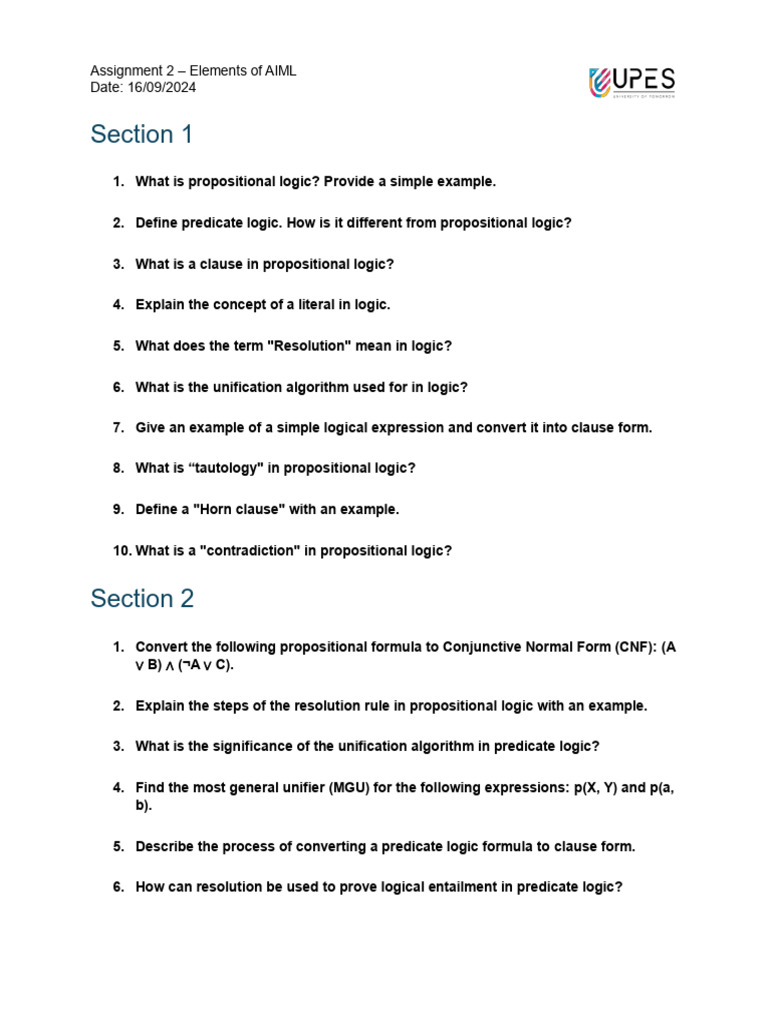 Assignment 2 AIML | PDF | Logic | Mathematical Logic