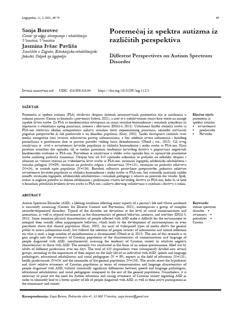 Porem. Iz Spektra Autizma Iz Različitih Perspektiva | PDF
