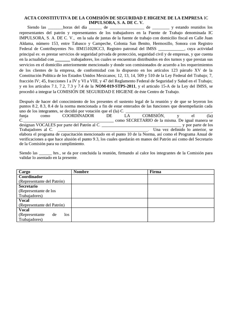 Anexo 22. Acta Constitutiva de La Comision Mixta de Seguridad e Higiene | PDF | Gobierno