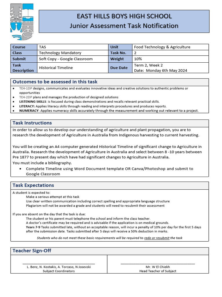 Sem 1 Assessment Task Notification Year 7 - Historical Timeline | PDF ...