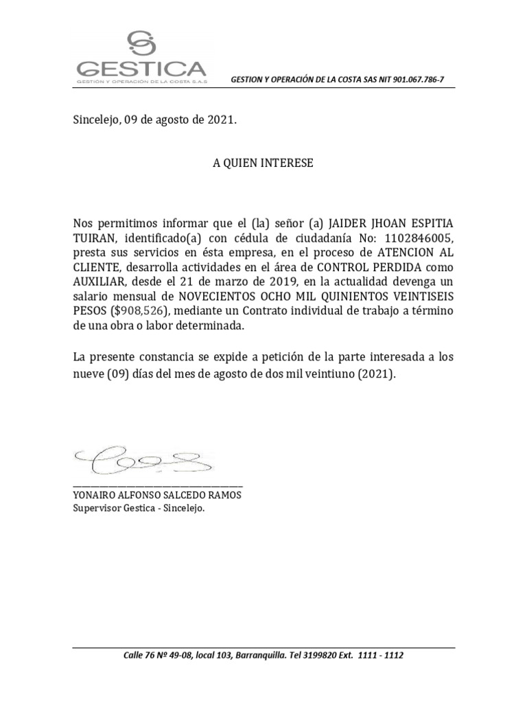 Gestion Y Operación de La Costa Sas Nit 901.067.786-7: Yonairo Alfonso ...