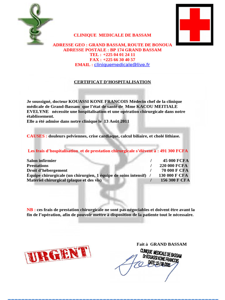 Certificat d'Hospitalisation à Bassam | PDF