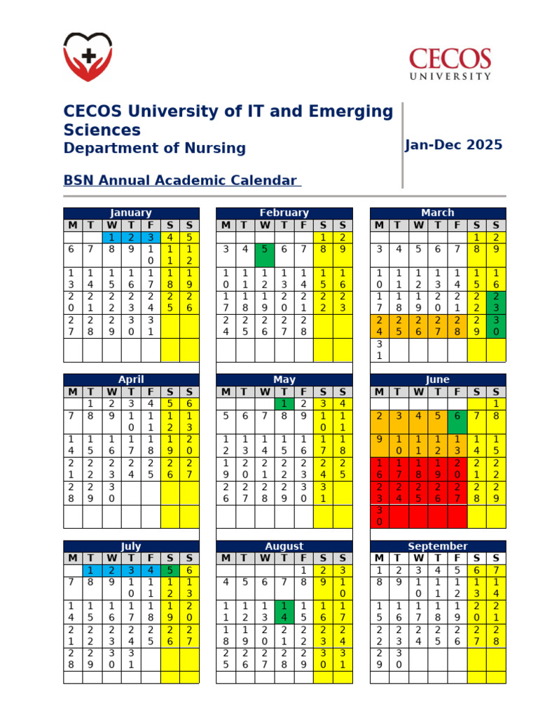 BSN Academic Calendar 2025 CECOS | PDF | Nursing