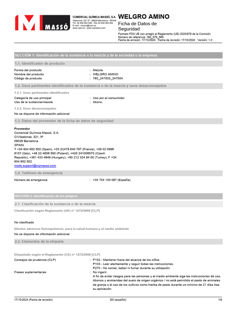Ficha Técnica de Welgro Amino | PDF | Agua | Sustancias químicas