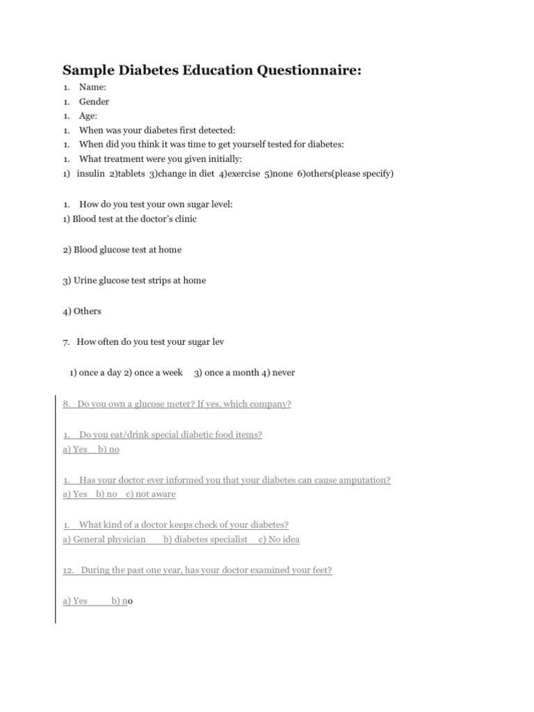 Diabetes Education Questionnaire Sample | PDF | Diabetes | Endocrinology