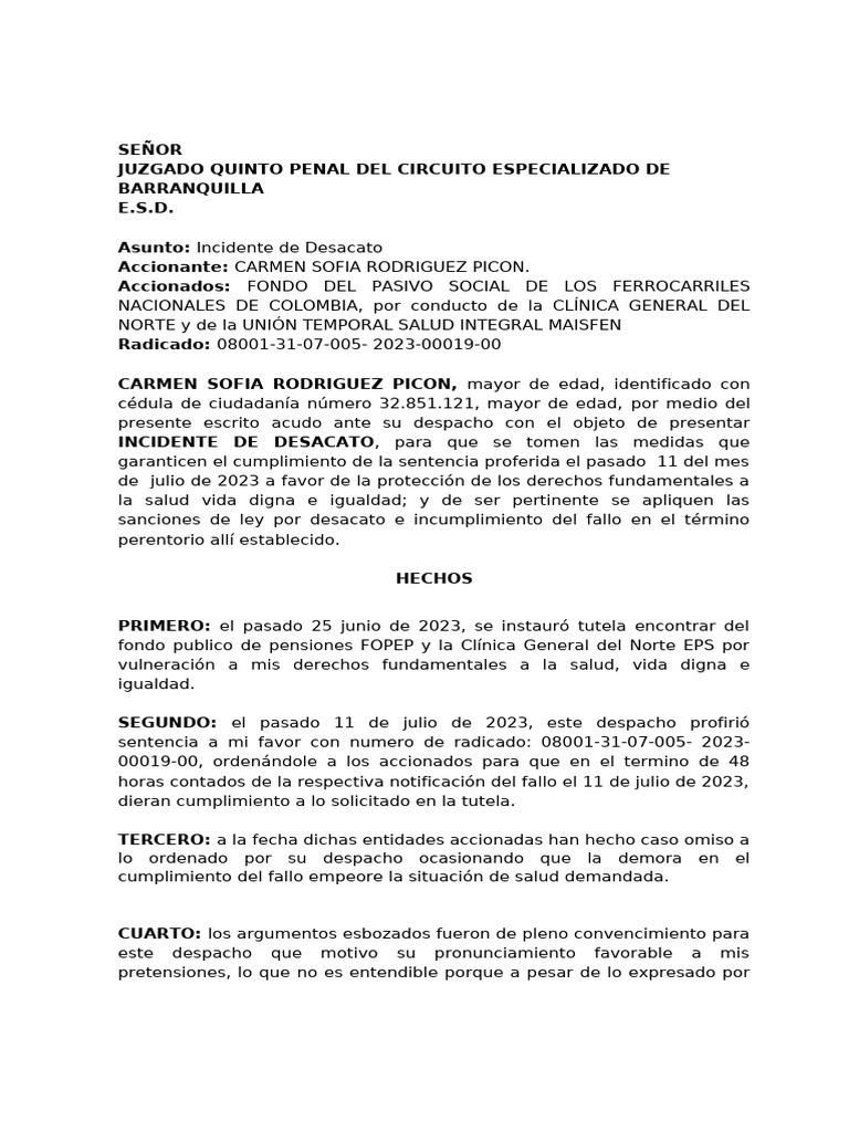 Incidente de Desacato en Tutela de Salud | PDF | Sentencia (ley ...